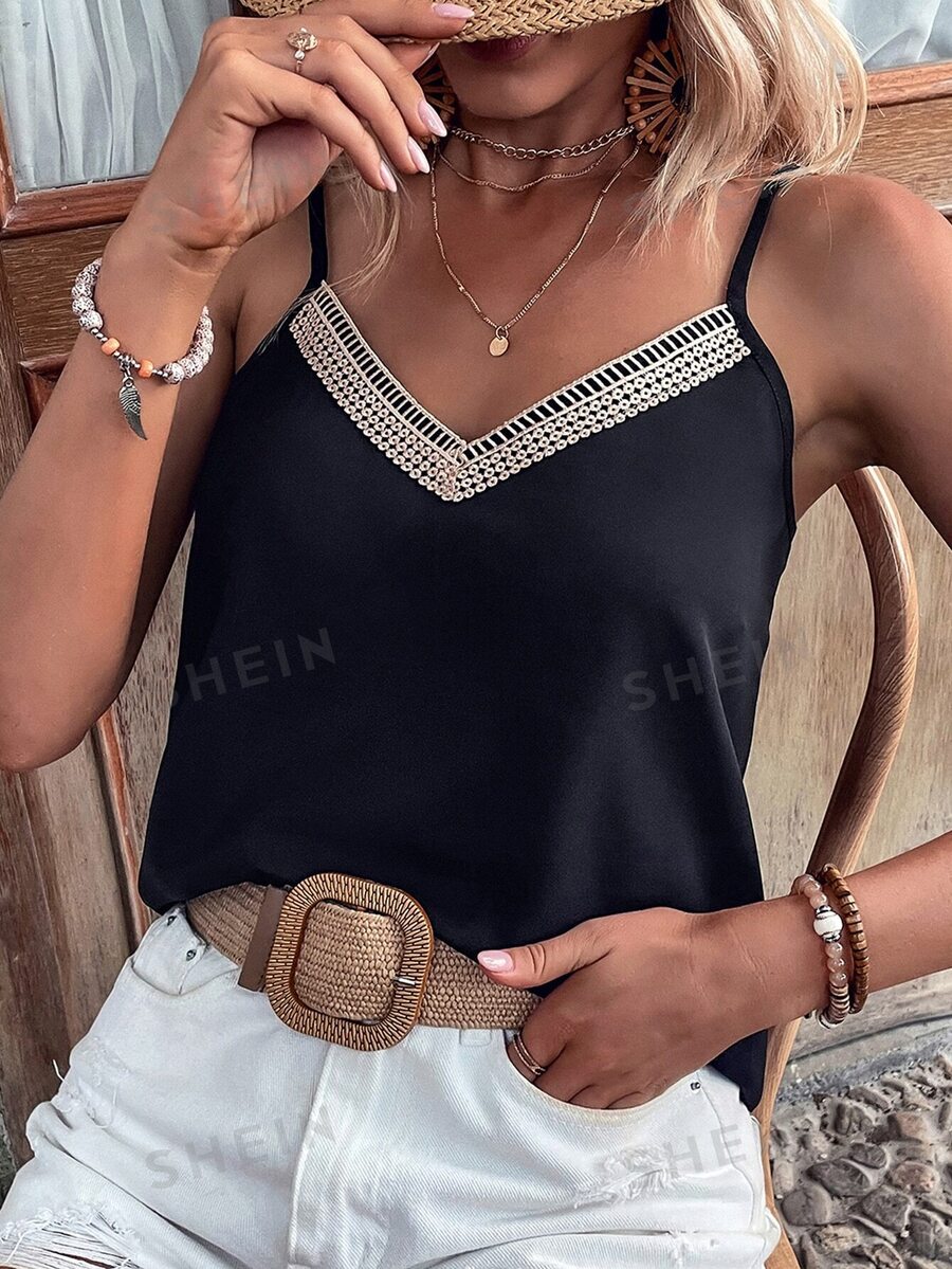 SHEIN LUNE Contrast Lace Panel Cami Top | SHEIN UK