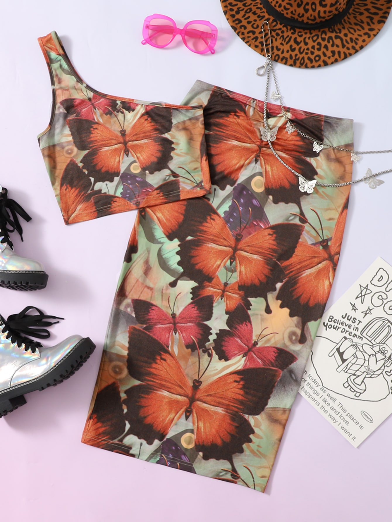 SHEIN Butterfly Print One Shoulder Top & Bodycon Skirt Without Chain Belt