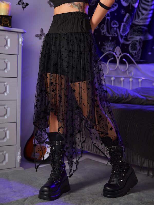 Goth Star & Moon Print Contrast Mesh Skirt | SHEIN USA