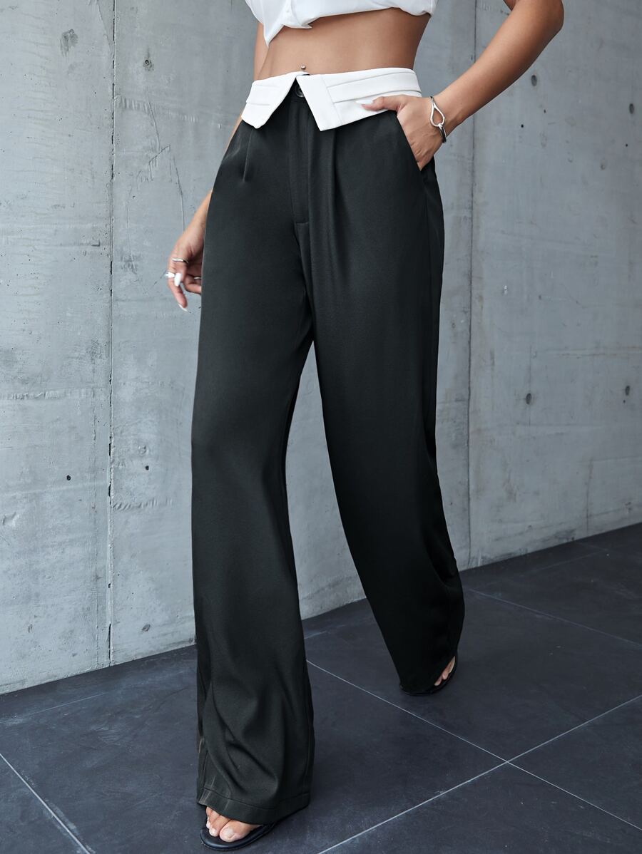 SHEIN Essnce Wide Leg Pleated Detail Colorblock Pants | SHEIN USA