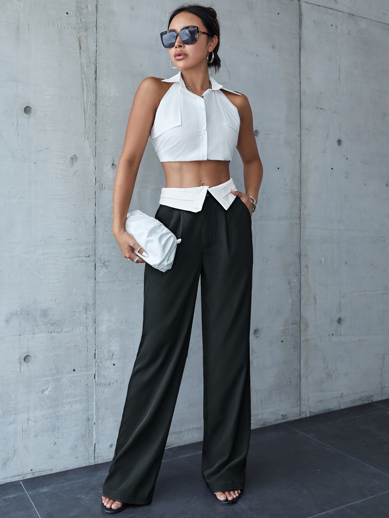 SHEIN Essnce Wide Leg Pleated Detail Colorblock Pants | SHEIN USA