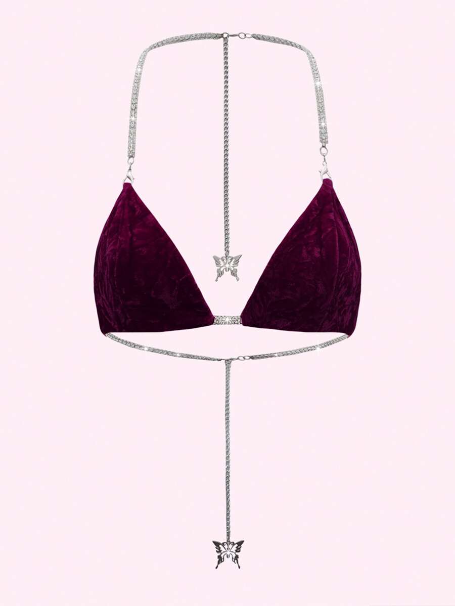 SHEIN Chain & Butterfly Detail Backless Velvet Halter Top | SHEIN USA