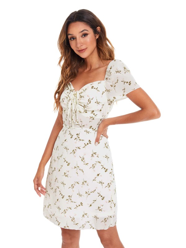 SHEIN Frenchy Ditsy Floral Sweetheart Neck Drawstring Front Dress ...