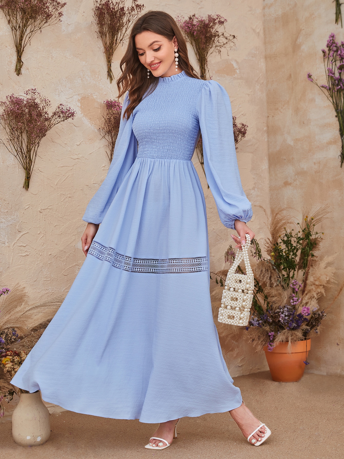 Shein Mulvari Frilled Neck Shirred Lantern Sleeve Guipure Lace Panel