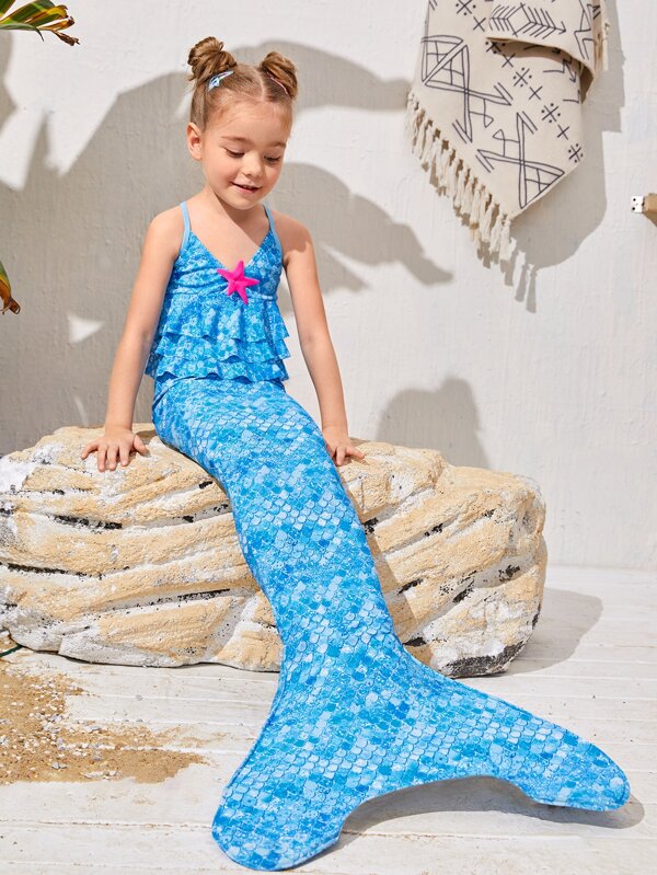 SHEIN Kids EVRYDAY Toddler Girls 3pcs Fish Scale Print Ruffle Trim ...