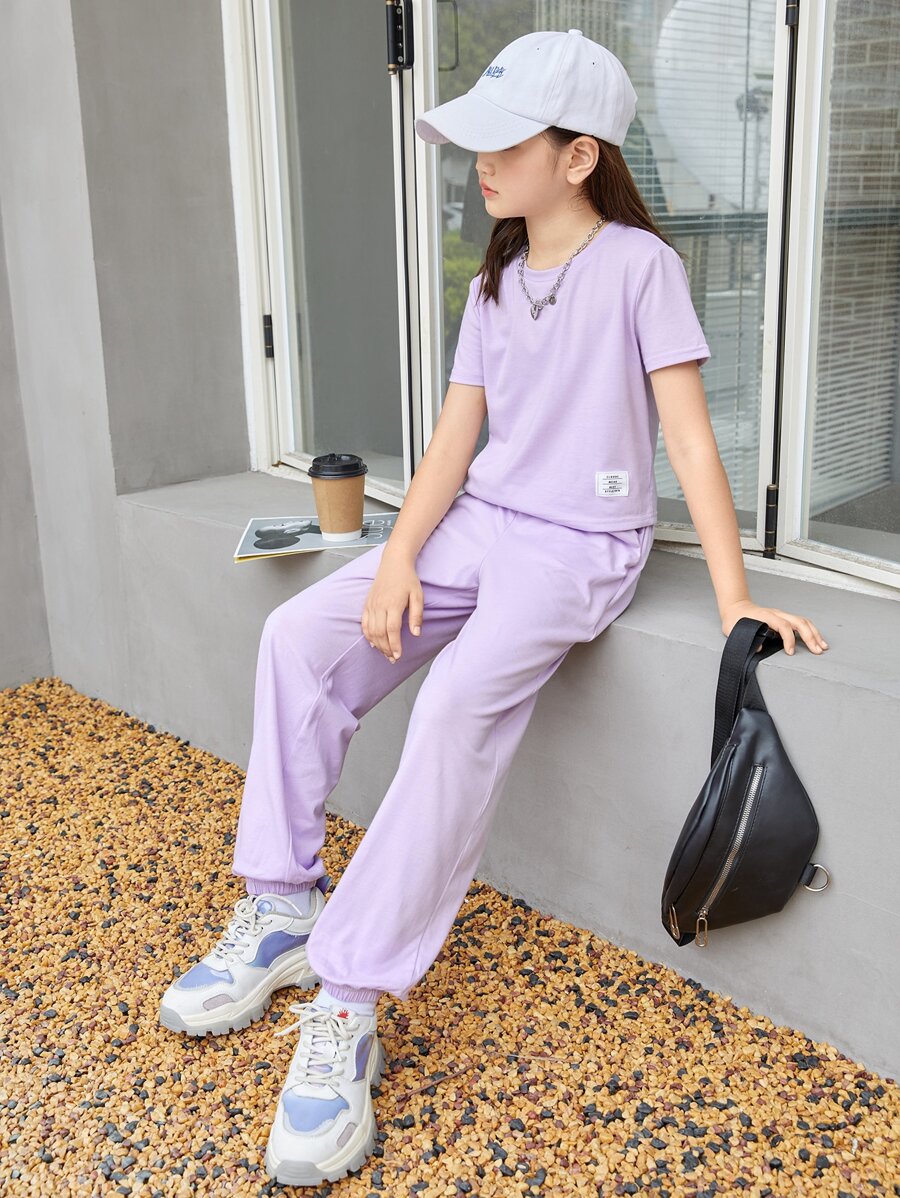 SHEIN Tween Girl Patch Detail Tee & Pants | SHEIN USA