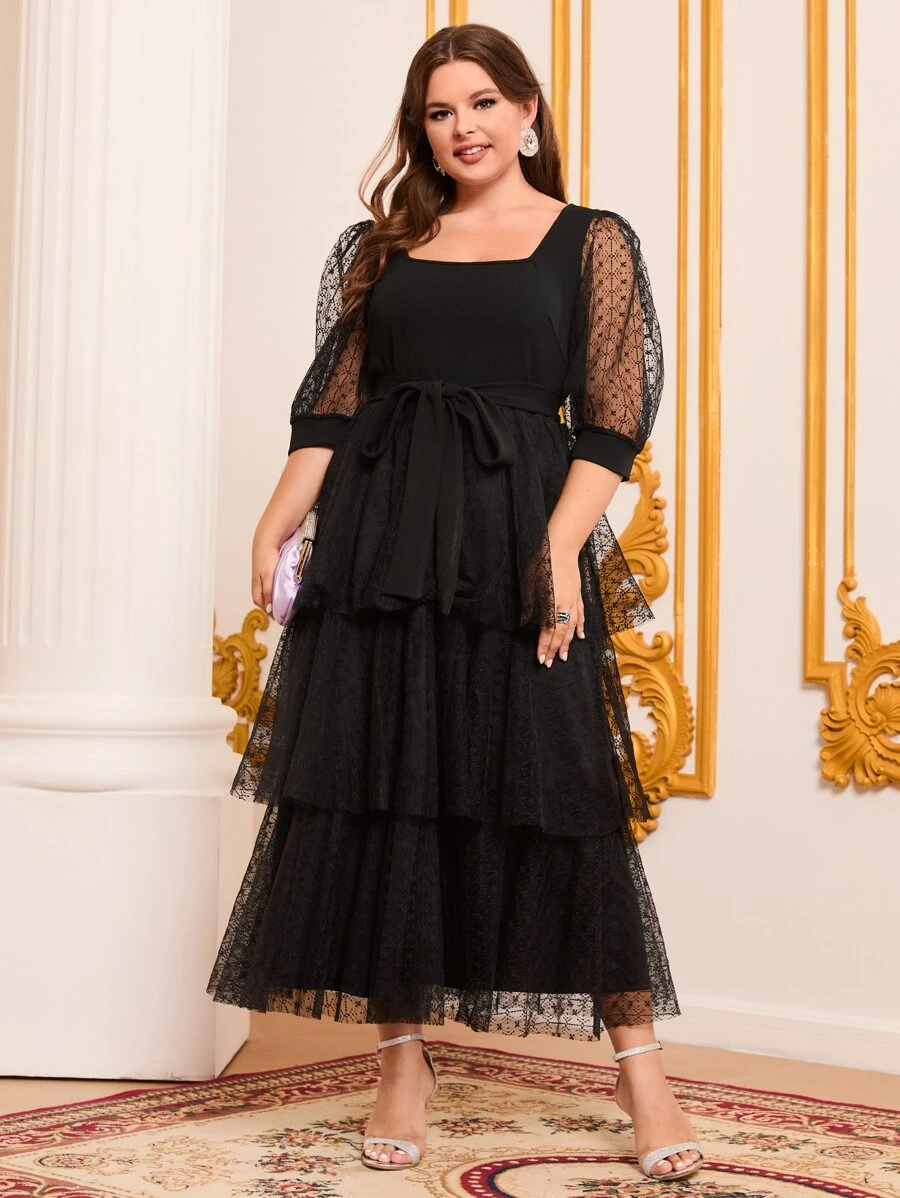 SHEIN Privé Plus Contrast Mesh Puff Sleeve Layered Hem Belted Dress ...