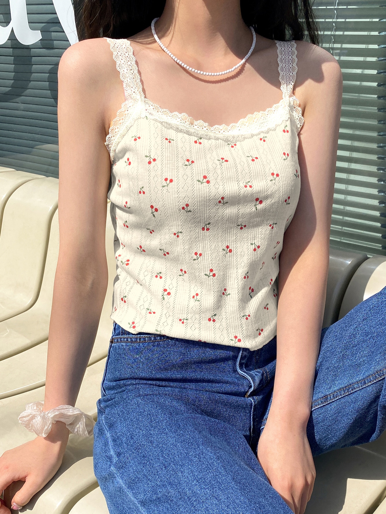 DAZY Cherry Print Contrast Lace Tank Top