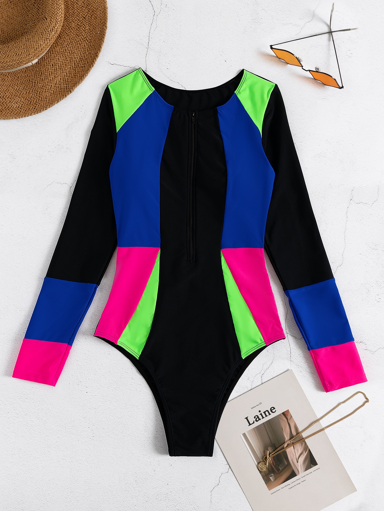 Colorblock Zip Front High Neck One Piece Swimsuit | SHEIN USA