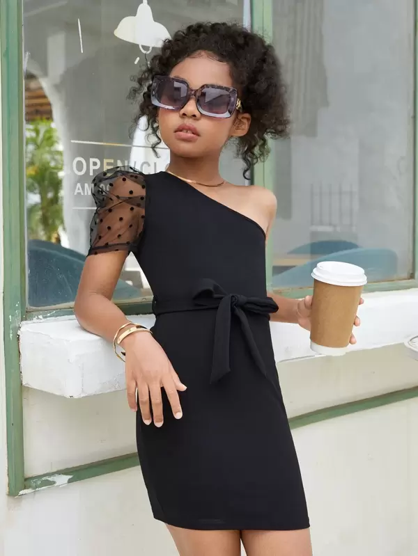 SHEIN Kids Cooltwn Tween Girl Contrast Polka Dot Mesh Puff Sleeve One ...