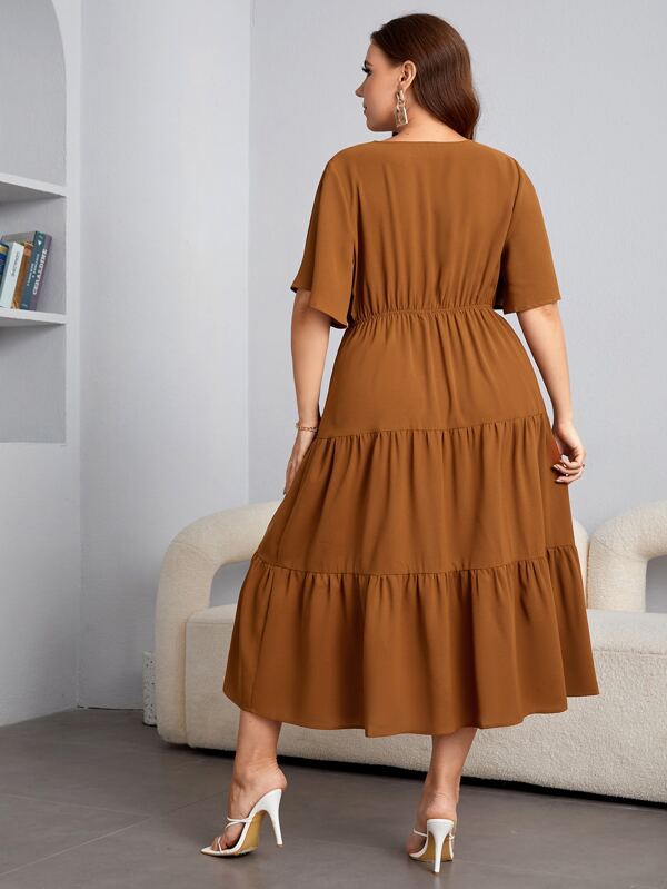 Plus Flutter Sleeve Button Front Ruffle Hem Dress | SHEIN USA