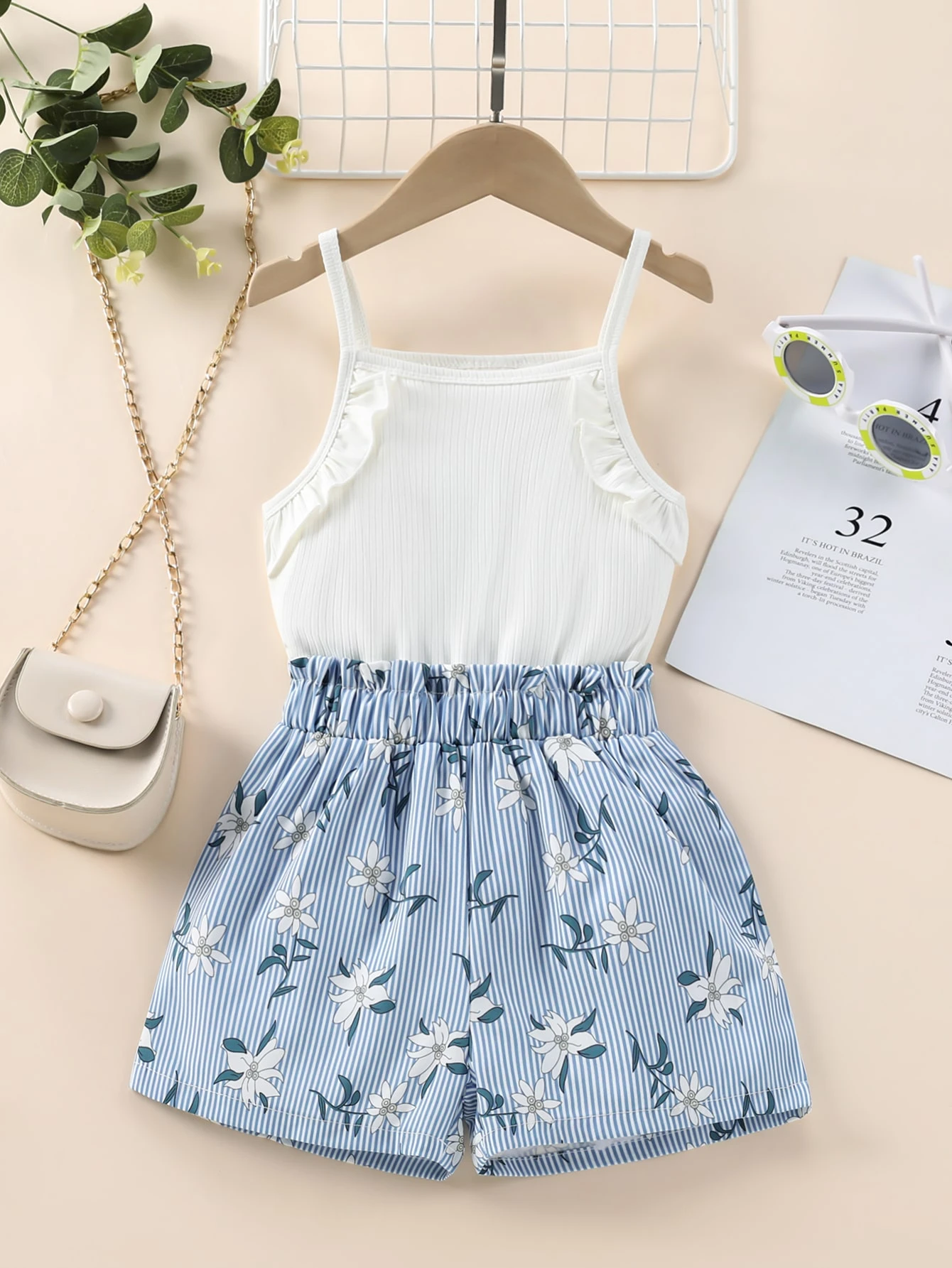 Shein Young Girl Ruffle Trim Cami Top And Floral Print Paperbag Waist