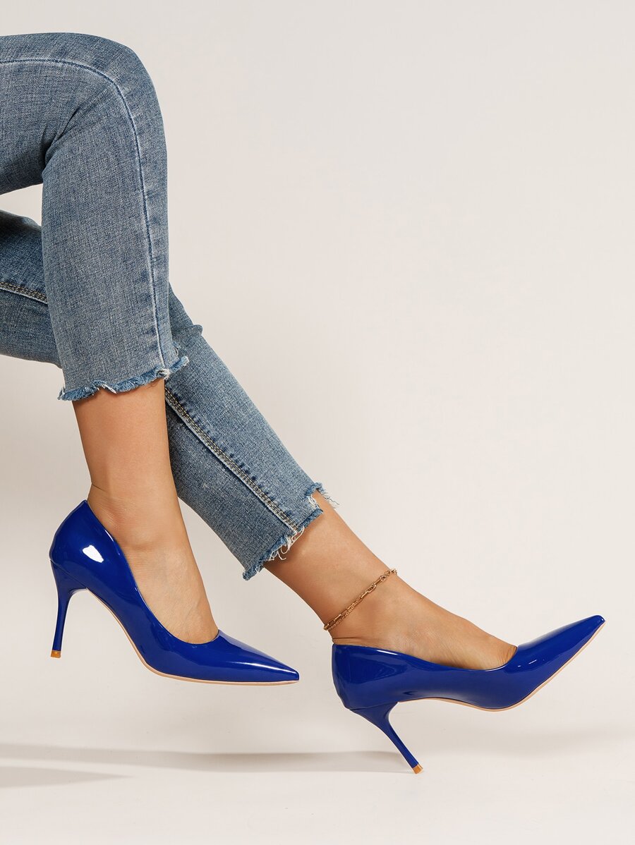 Ladies' Stylish Blue High Heel Shoes, Solid Color, Pointed Toe, Thin ...