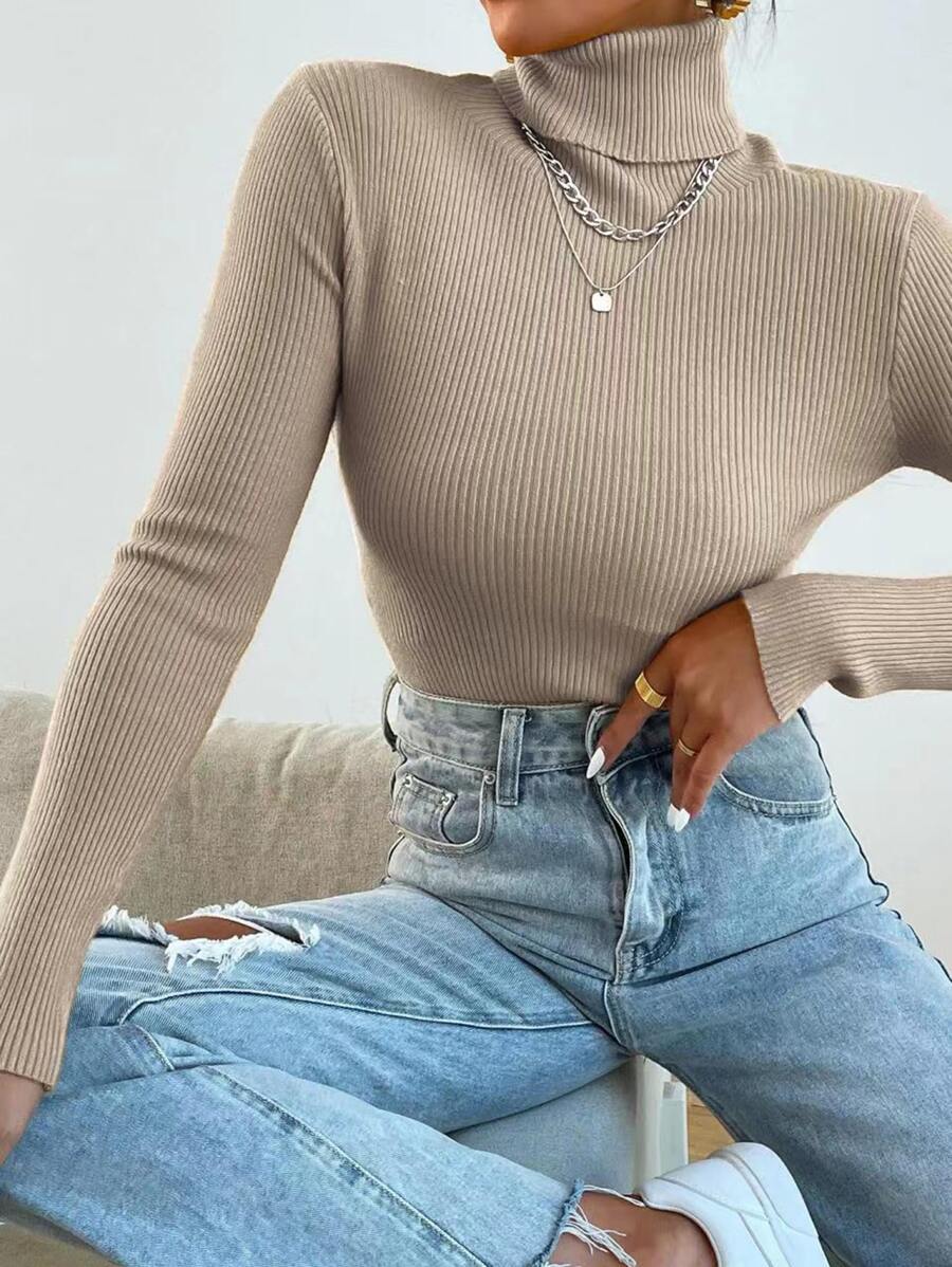 Aidyla Turtleneck Ribbed Knit Sweater Without Necklace,Long Sleeve Tops ...