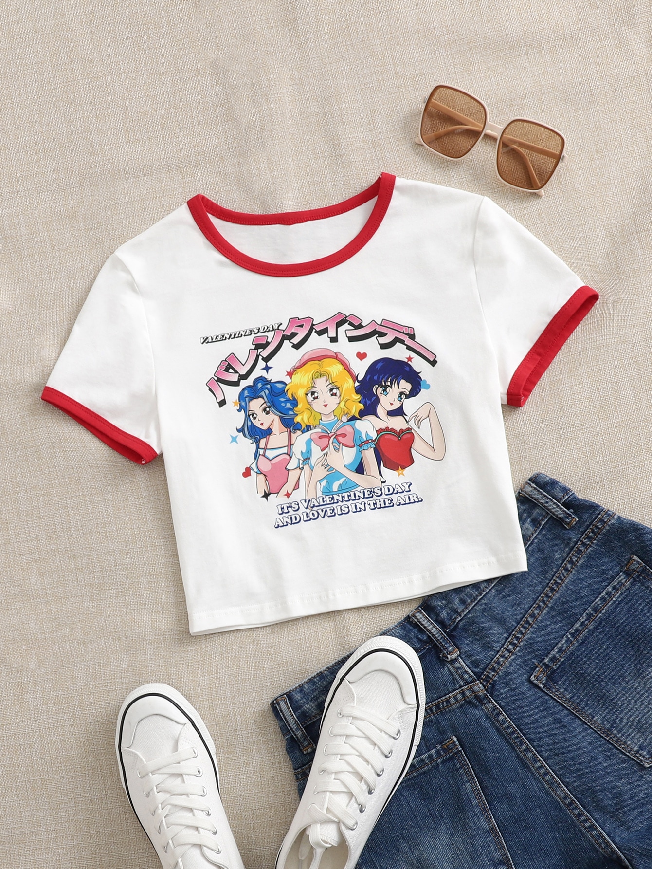 Shein Ezwear 90s Figure And Japanese Letter Graphic Contrast Binding Crop
