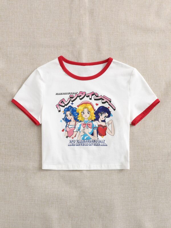 Shein Ezwear 90s Figure And Japanese Letter Graphic Contrast Binding Crop