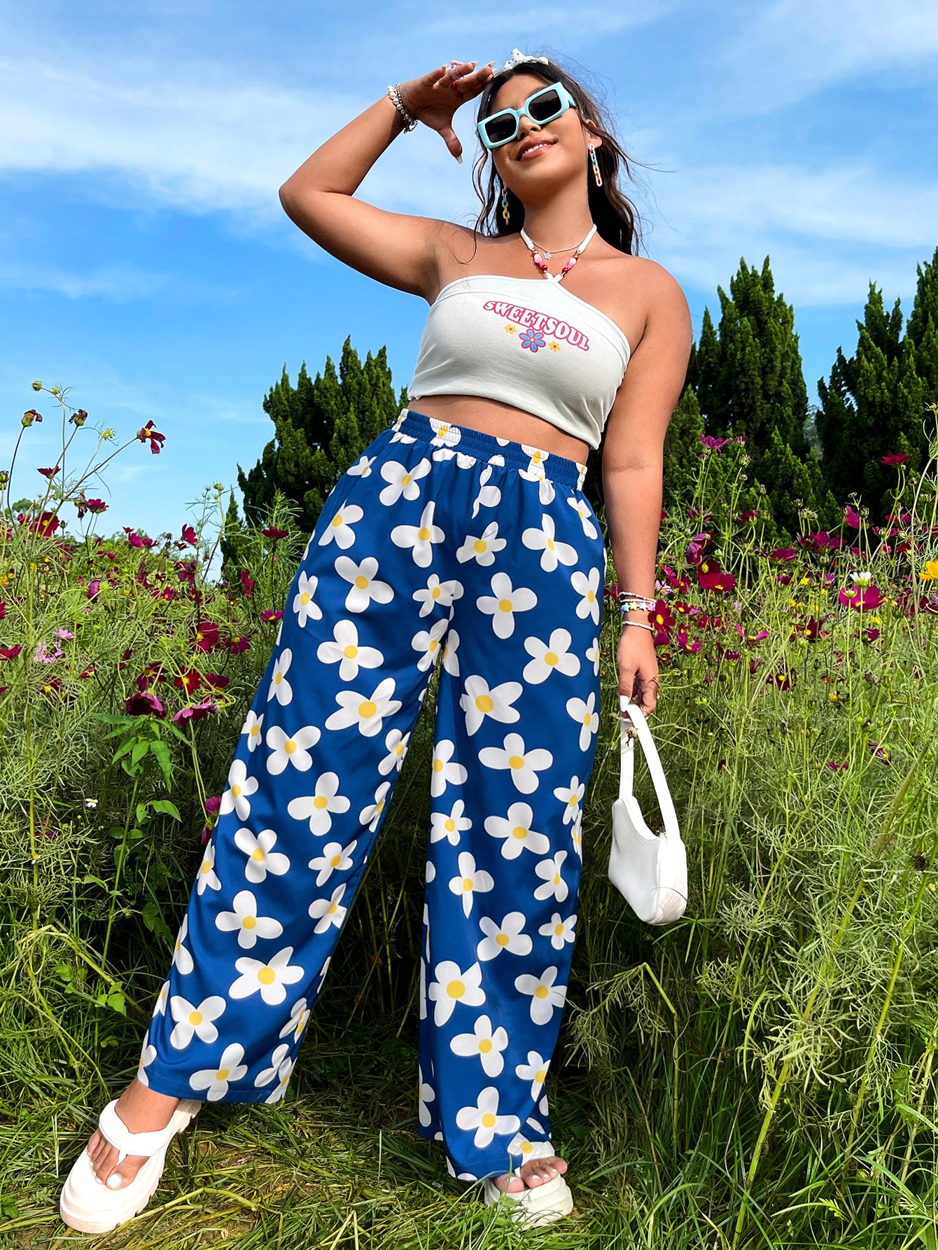 Shein Qutie Plus Dopamine Dressing High Waist Floral Print Wide Leg