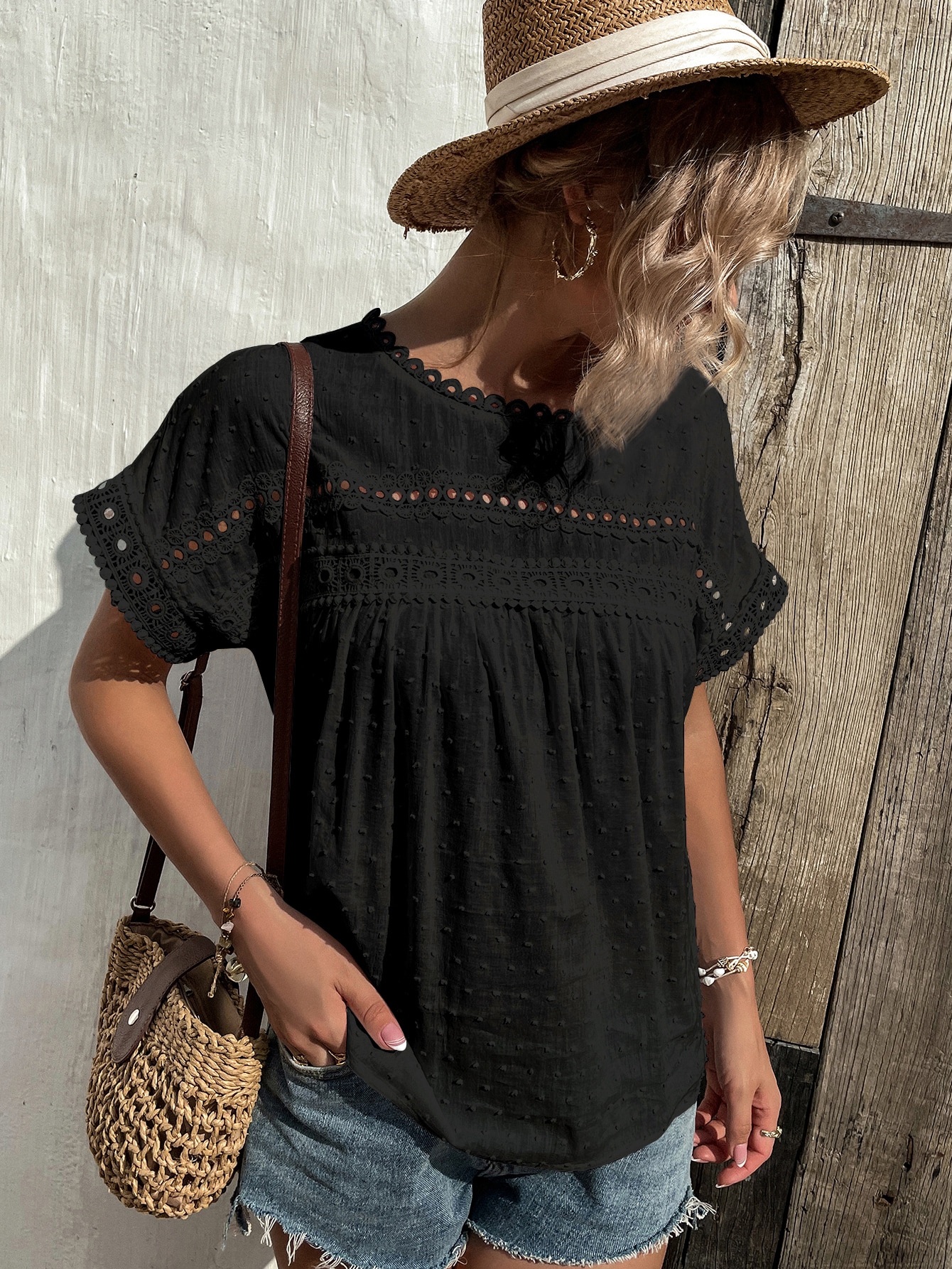Shein Lune Swiss Dot Contrast Lace Blouse Shein Uk