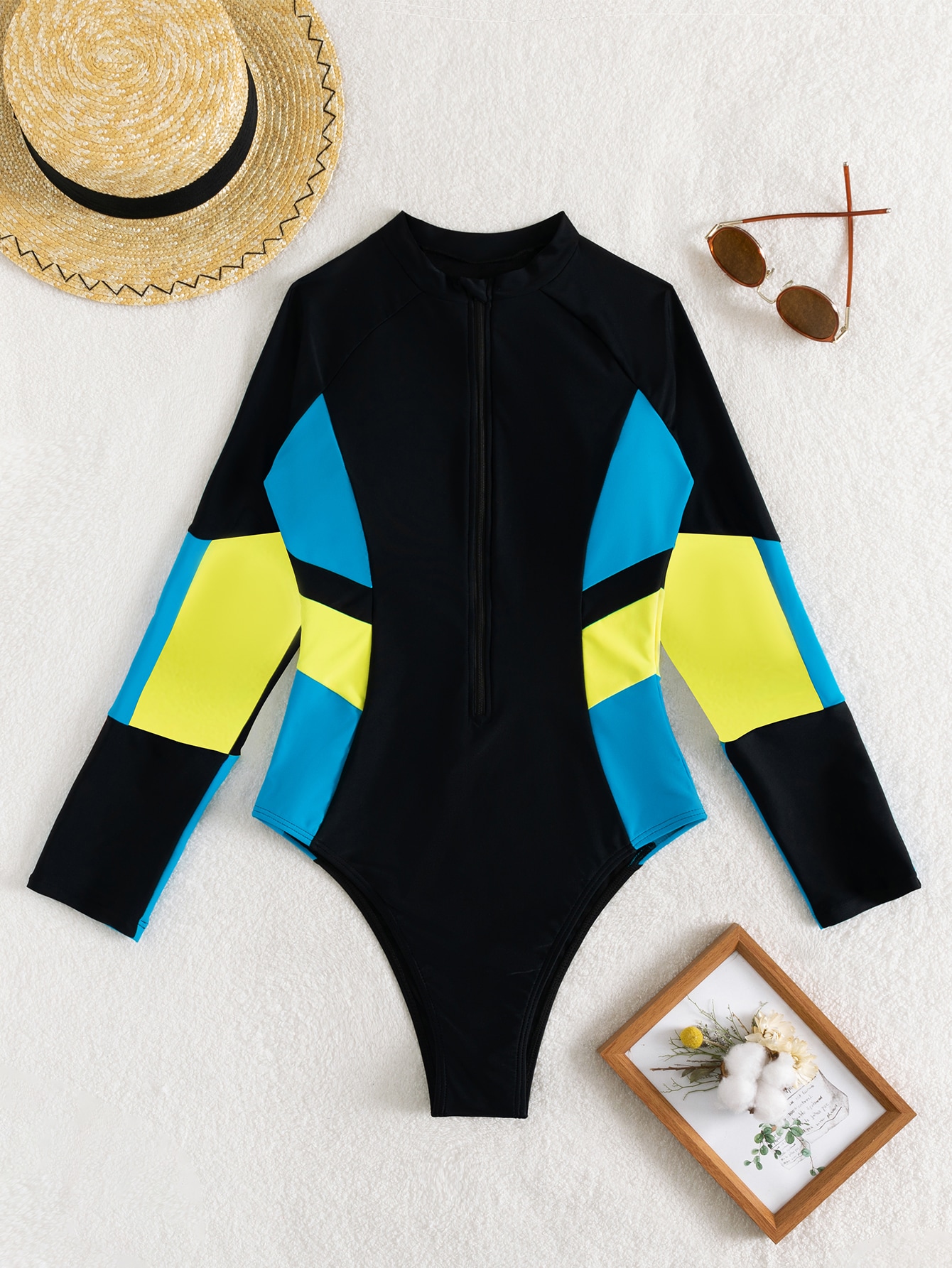 Color Block Raglan Sleeve Zip Front One Piece Swimsuit | SHEIN USA