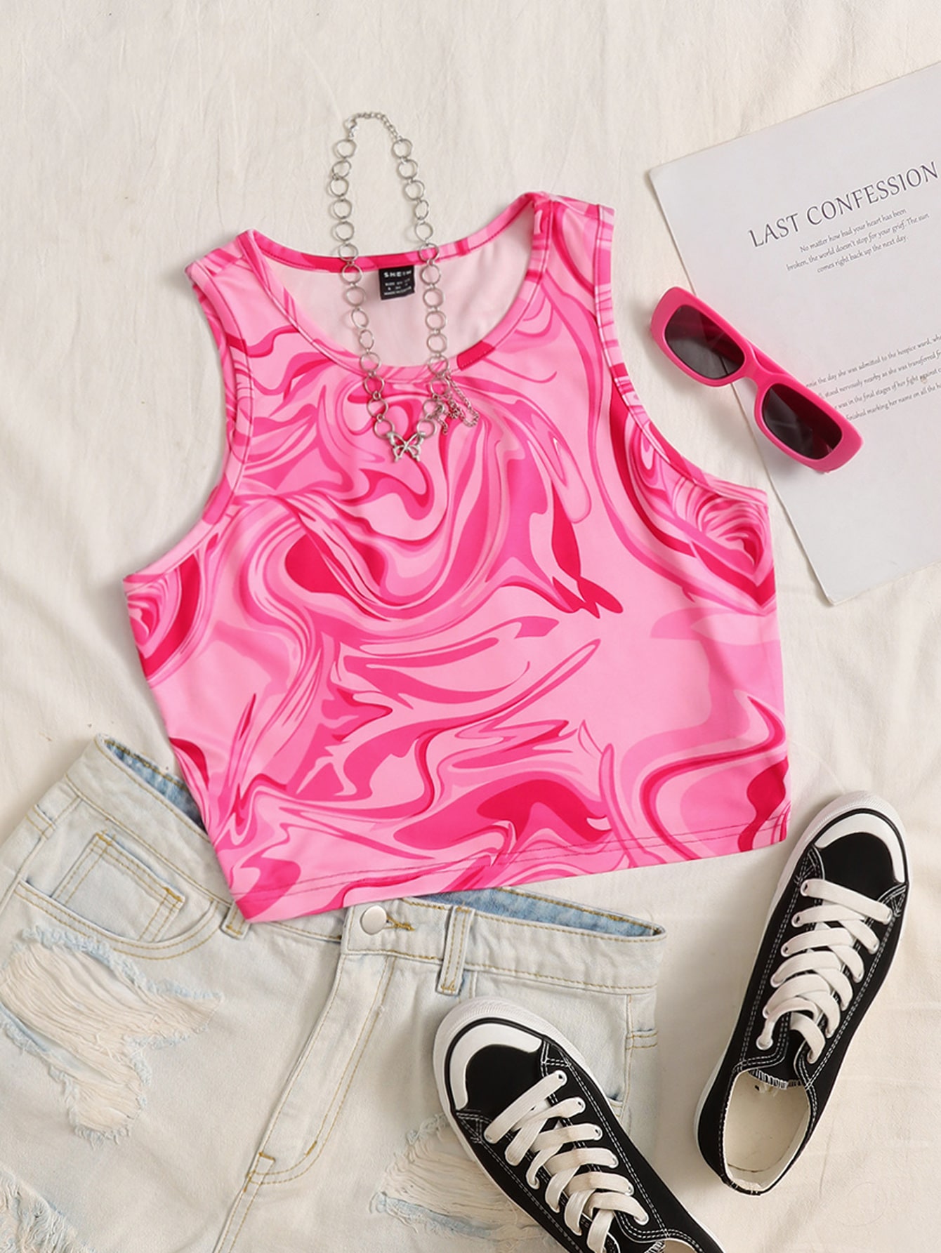 SHEIN ICON 90s Dopamine Dressing Marble Print Crop Tank Top | SHEIN UK