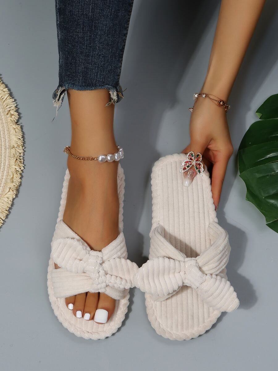 Women White Corduroy Bow Decor Slippers, Preppy Open Toe Bedroom ...