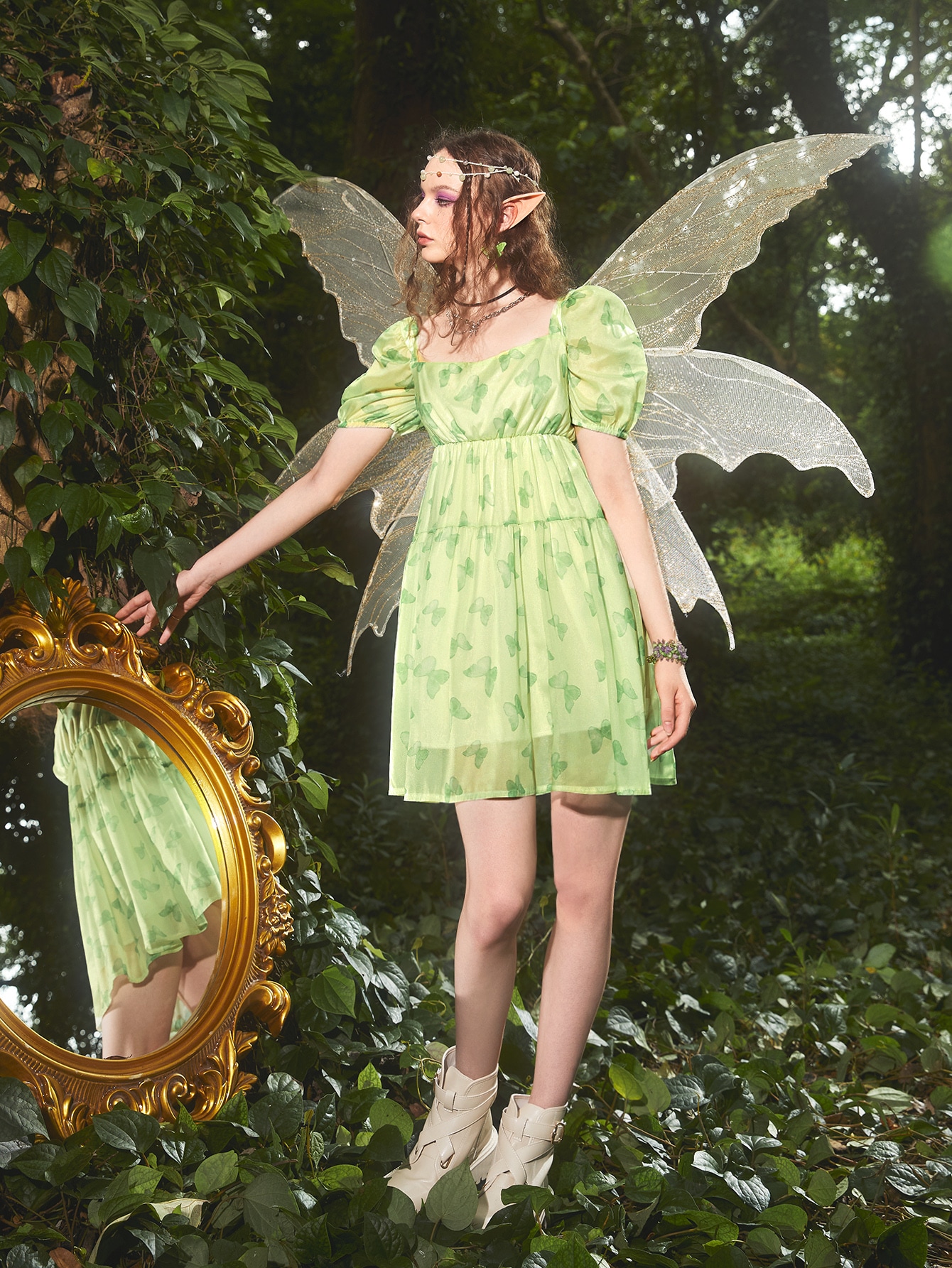 Romwe Fairycore Kleid Mit Schmetterling Muster Puffärmeln Aktuelle