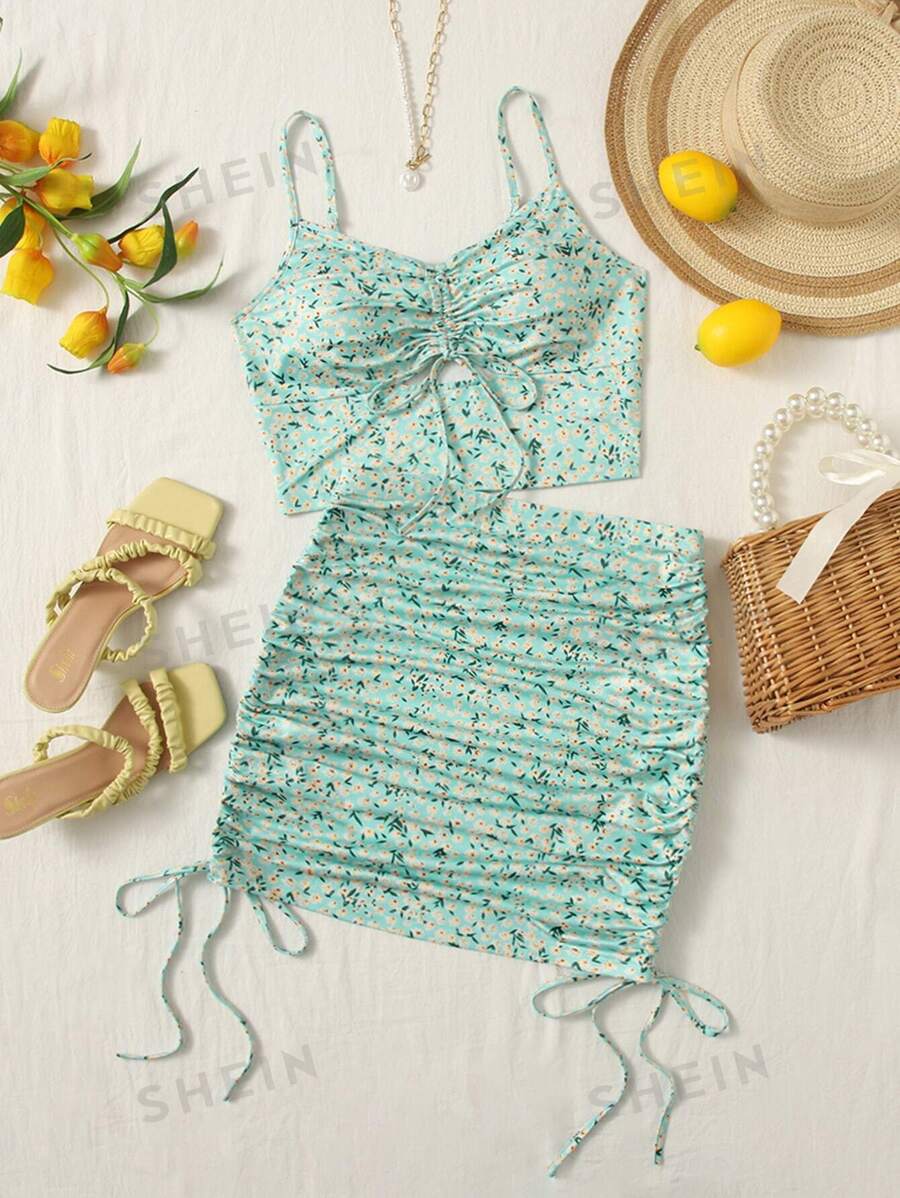 SHEIN WYWH Drawstring Knot Cut Out Front Ditsy Floral Cami Top & Ruched ...