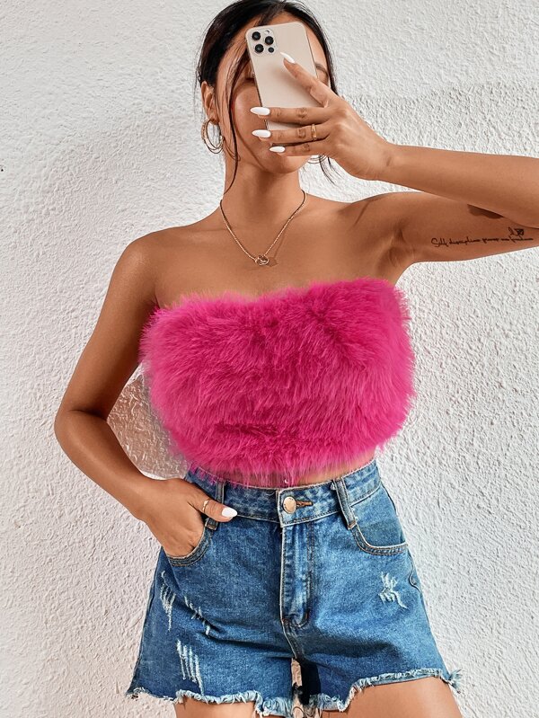 SHEIN BAE Solid Fuzzy Crop Tube Top | SHEIN USA