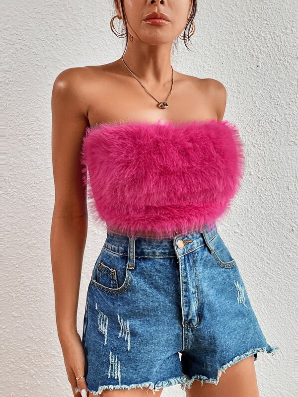 SHEIN BAE Solid Fuzzy Crop Tube Top | SHEIN USA