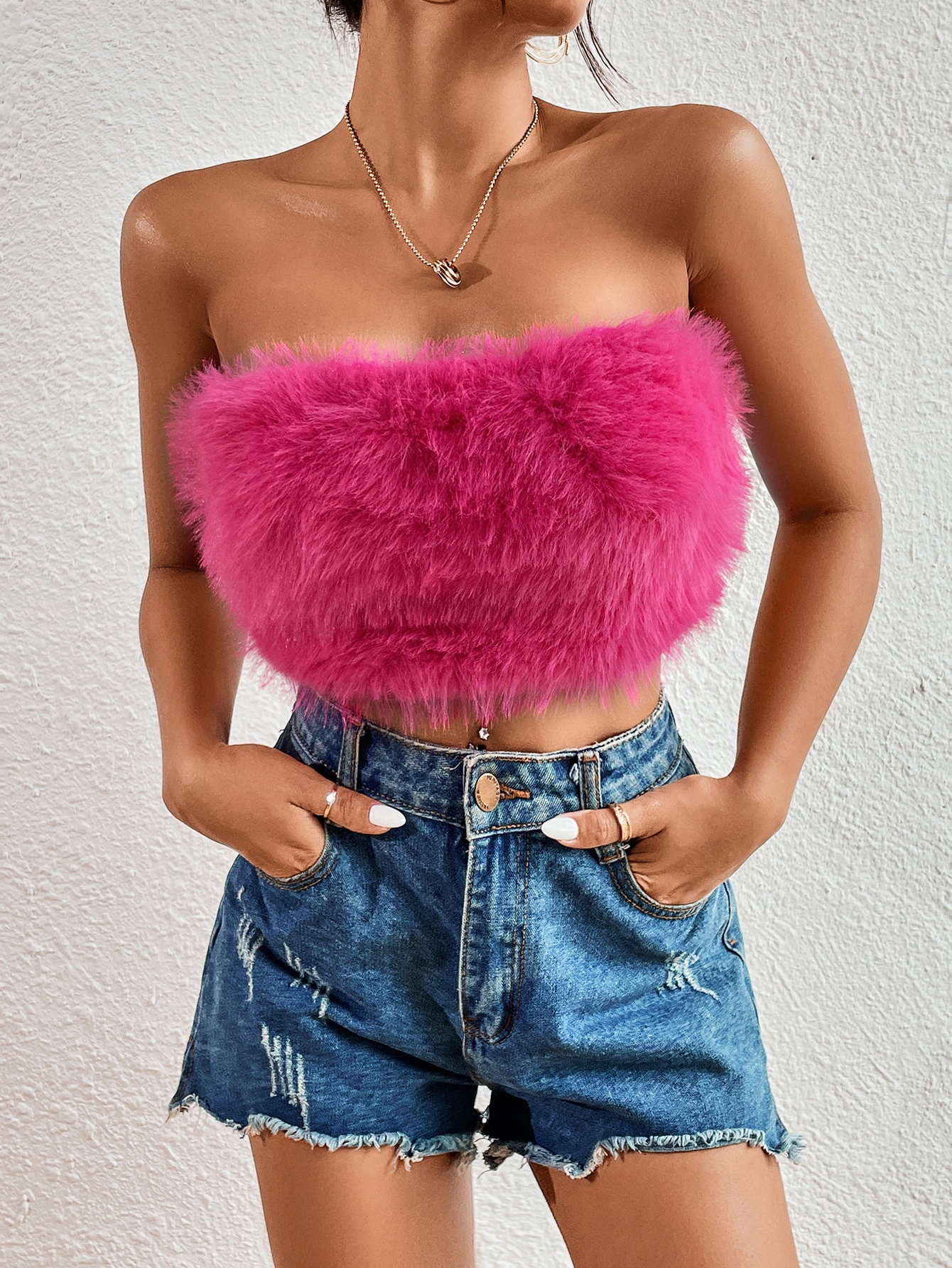 SHEIN BAE Solid Fuzzy Crop Tube Top | SHEIN USA