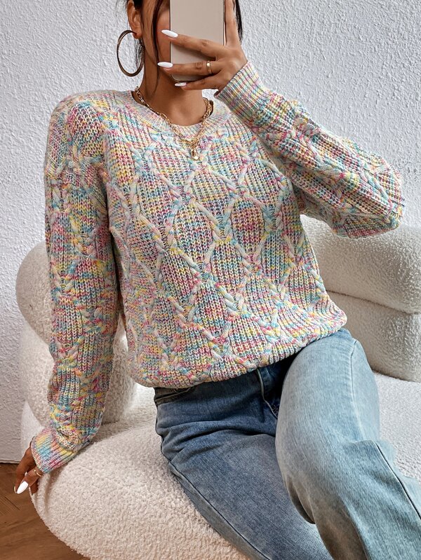 SHEIN Essnce Space Dye Cable Knit Drop Shoulder Jumper | SHEIN UK