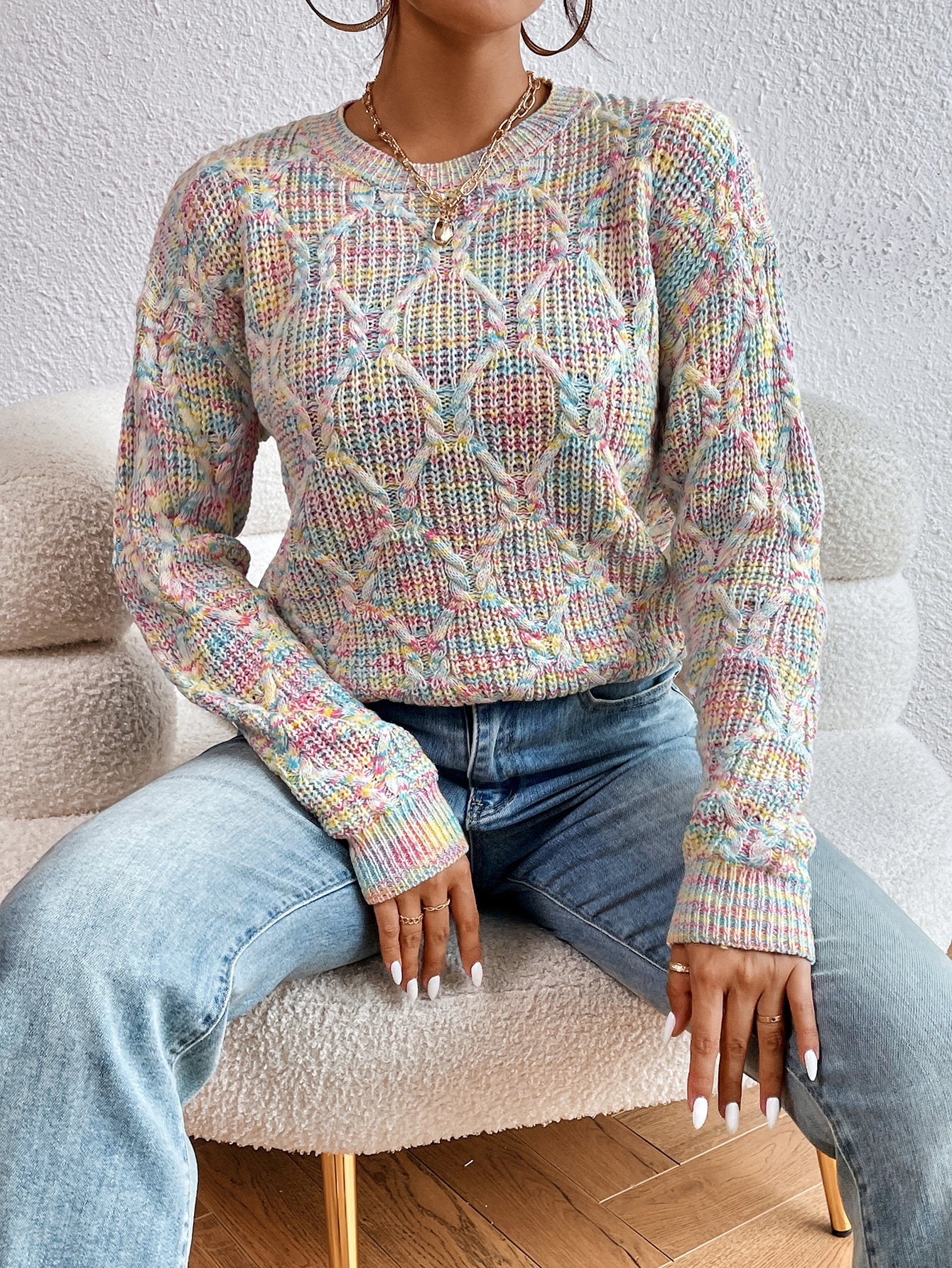 SHEIN Essnce Space Dye Cable Knit Drop Shoulder Sweater | SHEIN USA