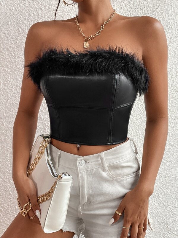 SHEIN BAE Fuzzy Trim Zip Back PU Crop Tube Top | SHEIN USA