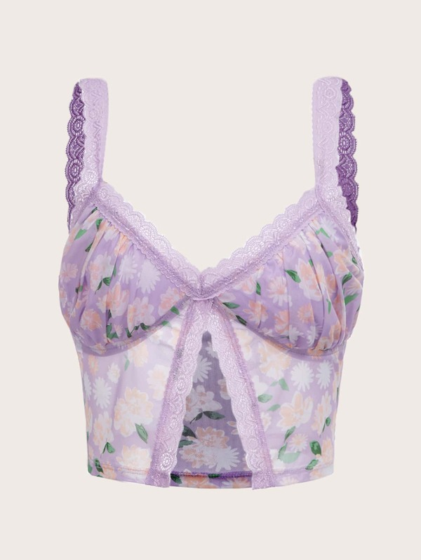 SHEIN ICON 90s Dopamine Dressing Floral Print Lace Trim Cami Top ...