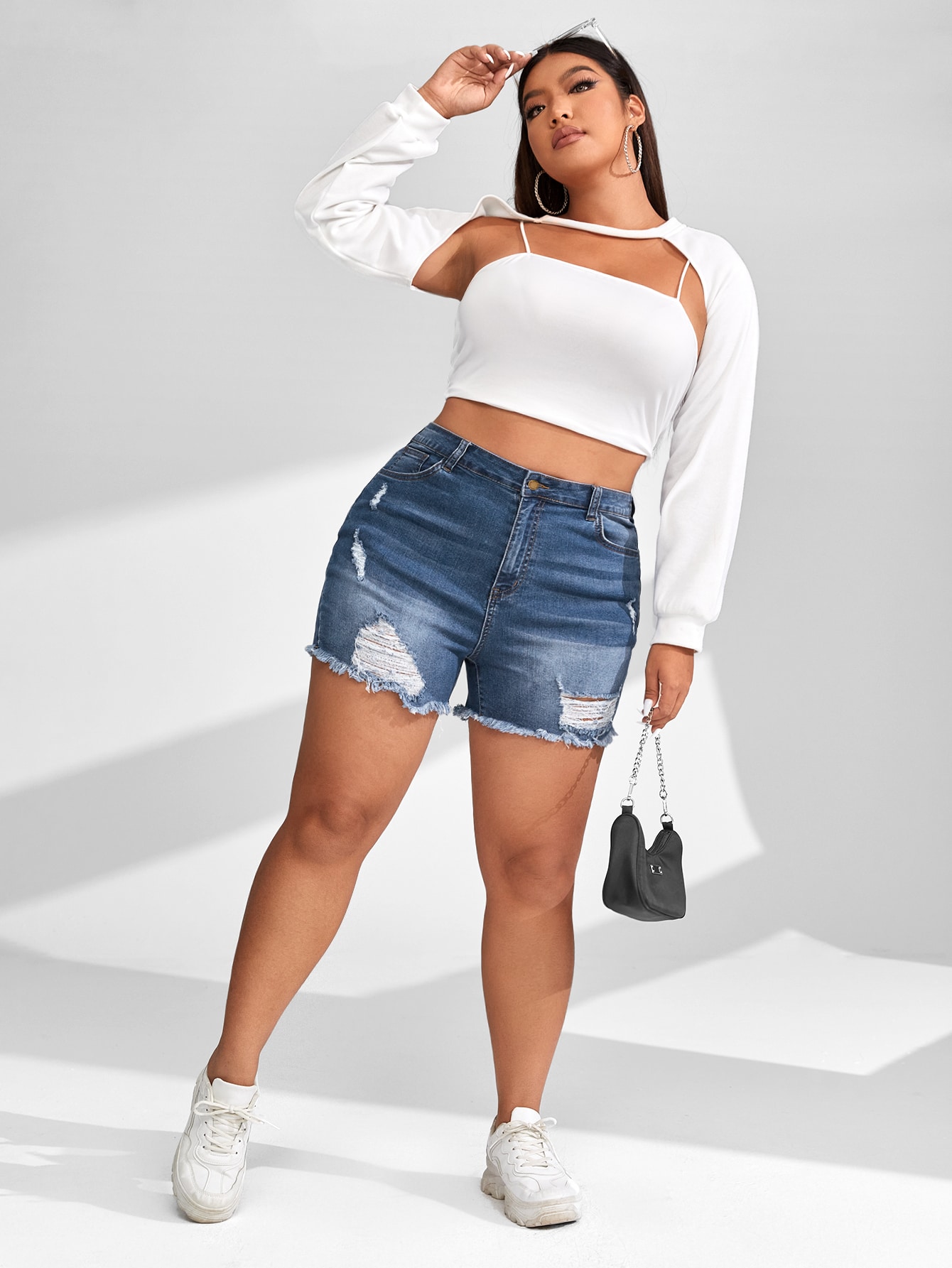 Shein Essnce Plus High Waist Ripped Raw Hem Denim Shorts Shein Usa