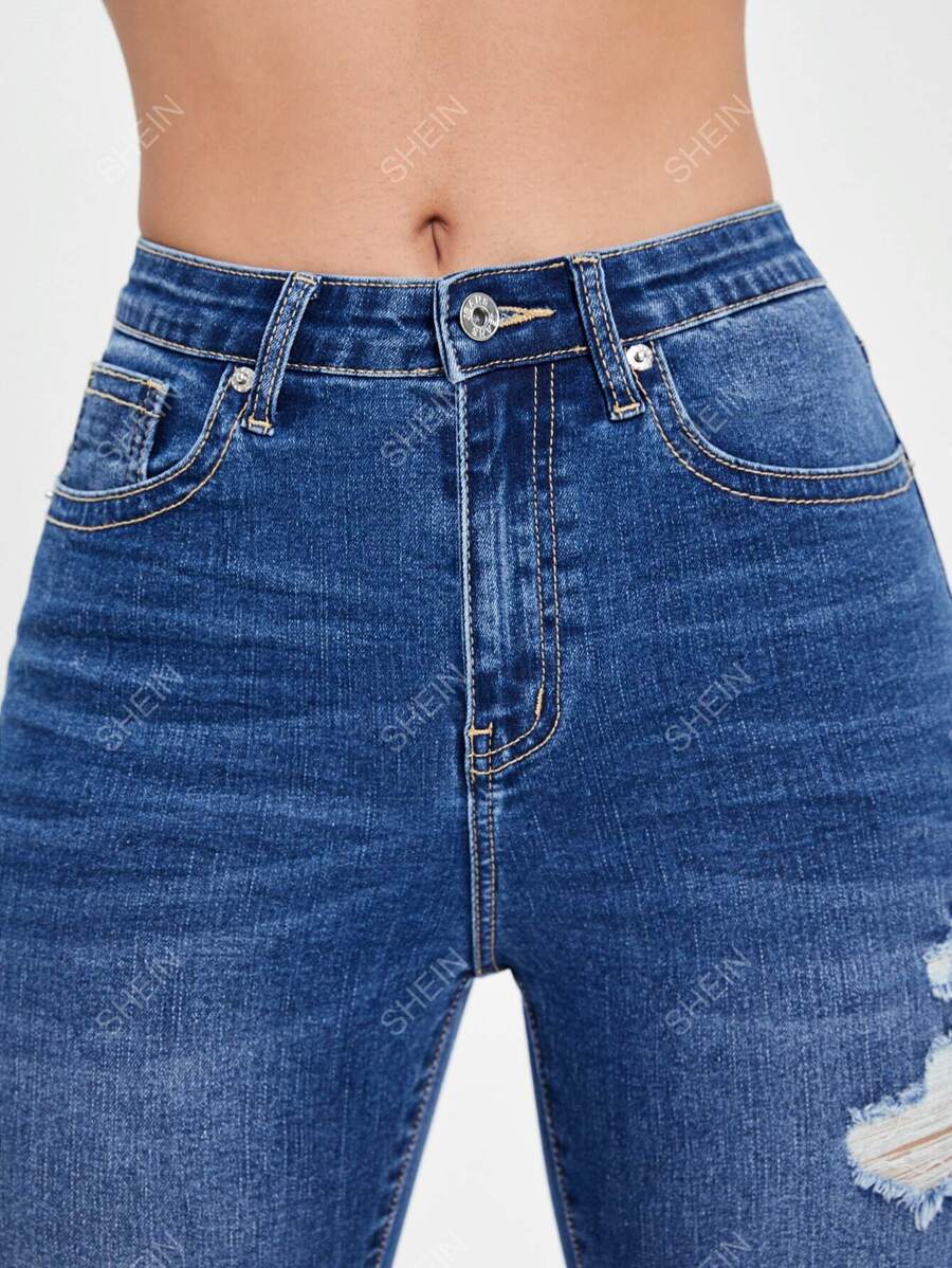 SHEIN Essnce High Waist Ripped Roll Up Hem Capri Skinny Jeans | SHEIN USA