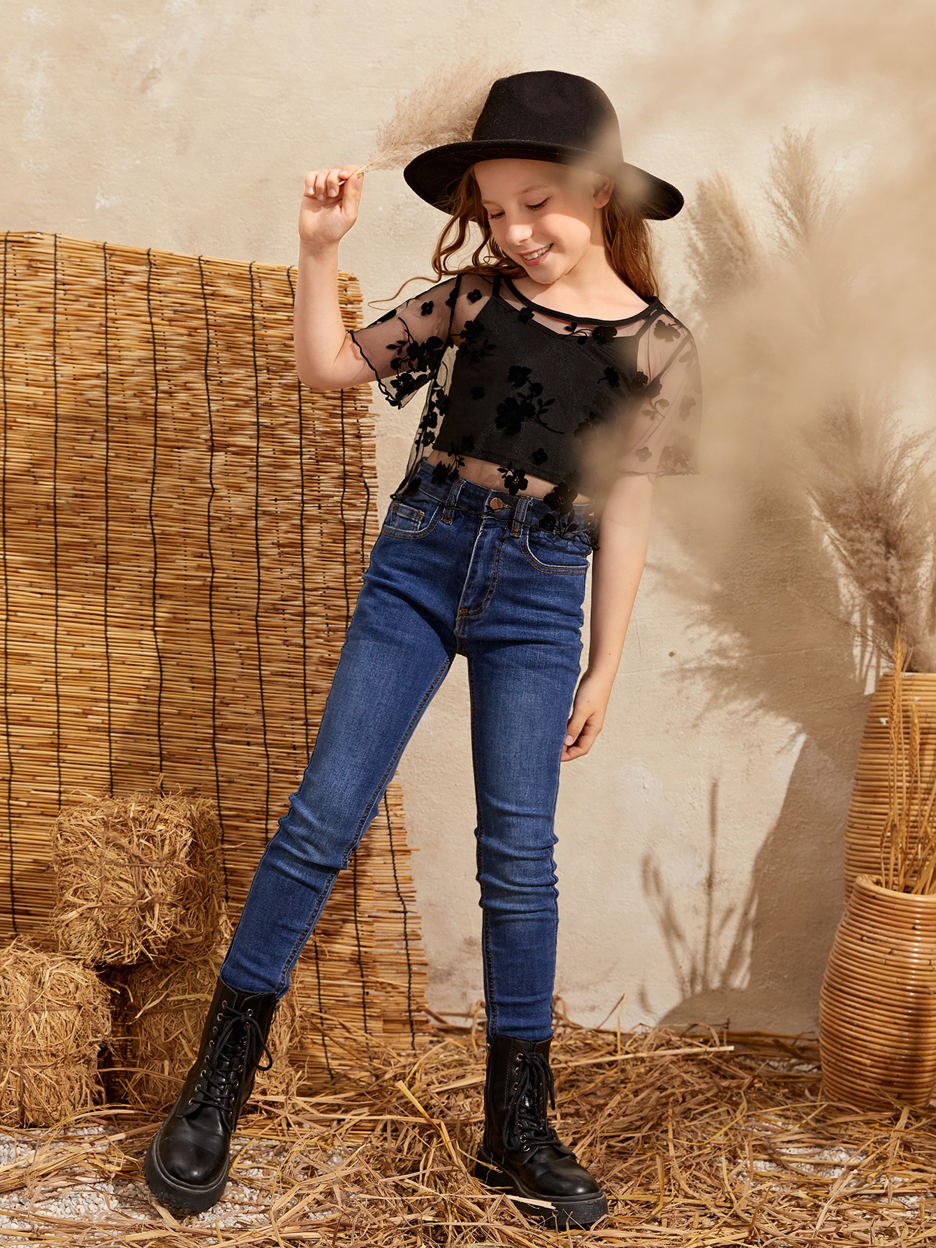 SHEIN Kids SUNSHNE Niñas Top con bordado floral de malla con top de ...