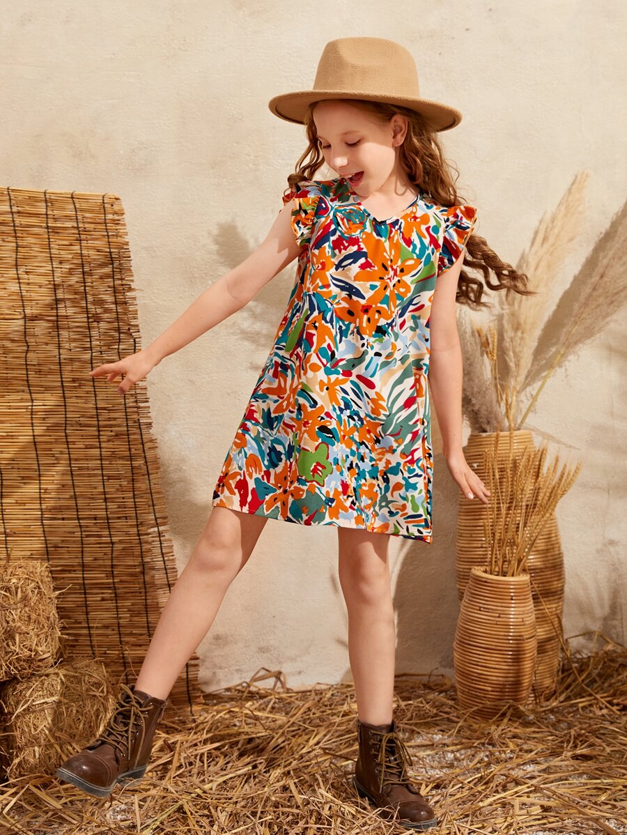 SHEIN Niñas Vestido con estampado floral de manga mariposa | Moda de ...