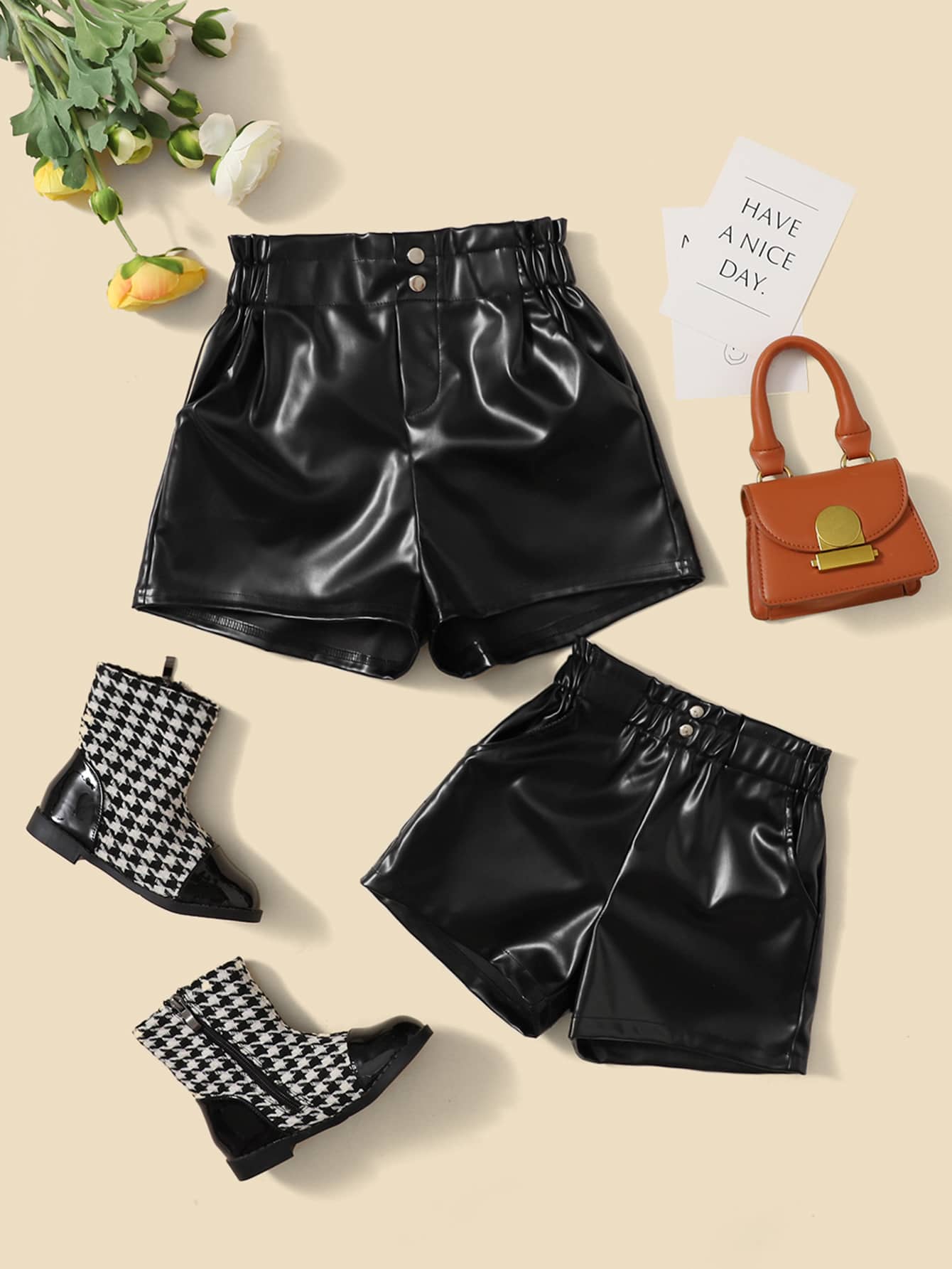 SHEIN Tween Girl's Faux Leather Paper Bag Waist Solid Color Shorts For ...