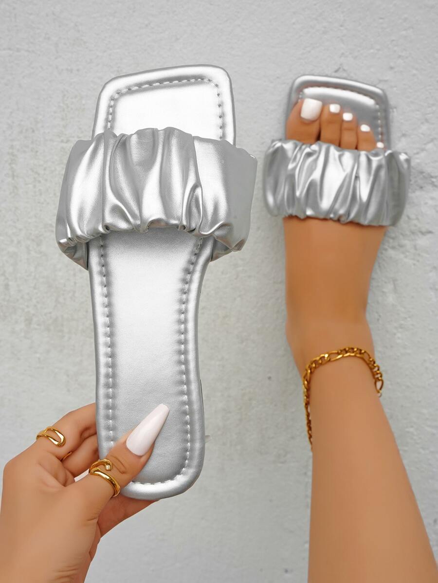 Metallic Ruched Single Band Slide Sandals, Silver Party Solid Color ...