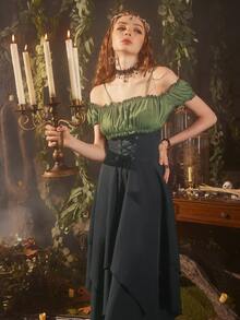 Fairycore Color-block Lace Up Cold Shoulder Dress | SHEIN USA