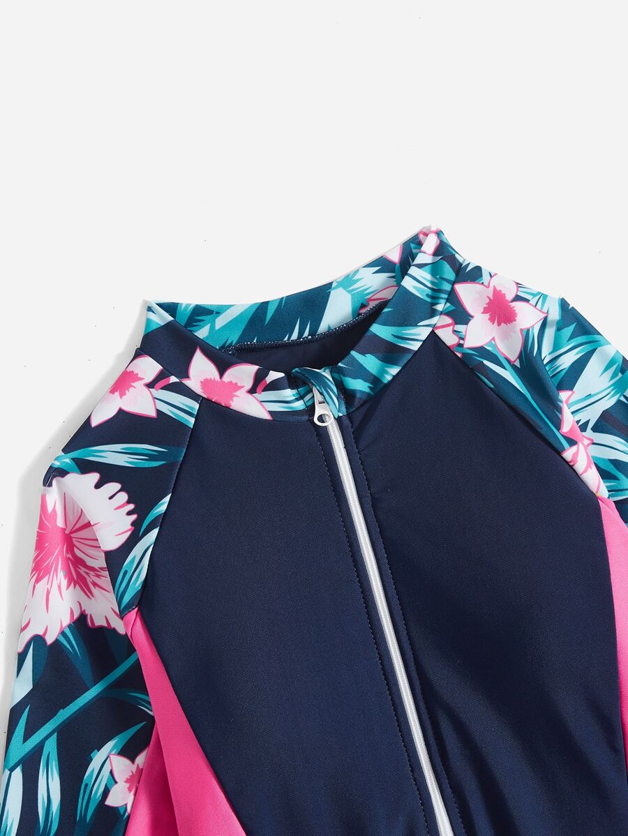 Traje De Baño De Una Pieza Con Cremallera Y Mangas Raglán Con Estampado ...