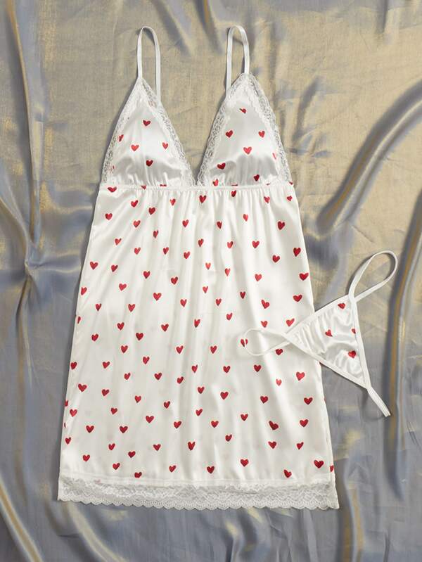 Slips de satén con estampado de corazón ribete con encaje con tanga ...