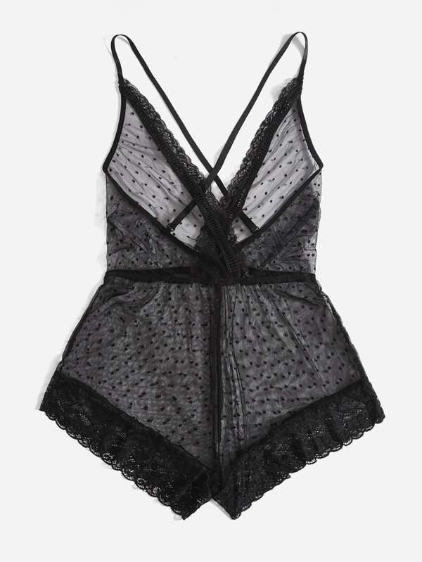 Eyelash Lace Crisscross Sheer Teddy Bodysuit | SHEIN