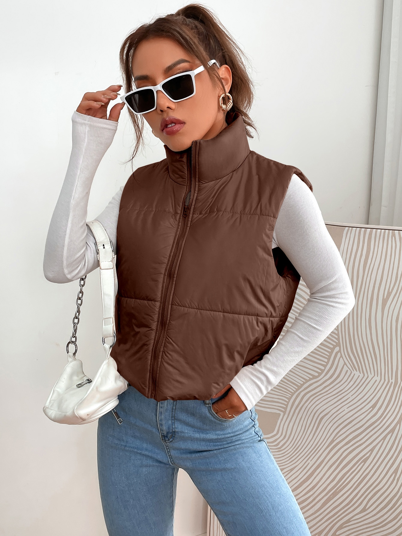 SHEIN EZwear Solid Zipper Up Puffer Vest Coat | SHEIN UK