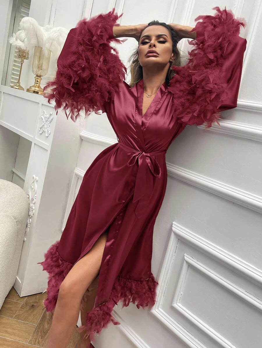 Fuzzy Trim Belted Satin Robe | SHEIN USA