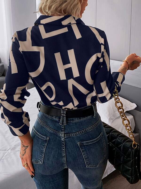 SHEIN Privé Letter Graphic Button Front Shirt | SHEIN USA