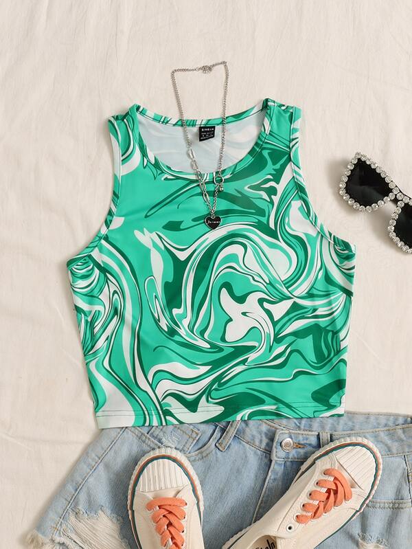 SHEIN ICON 90s Dopamine Dressing Marble Print Crop Tank Top | SHEIN USA