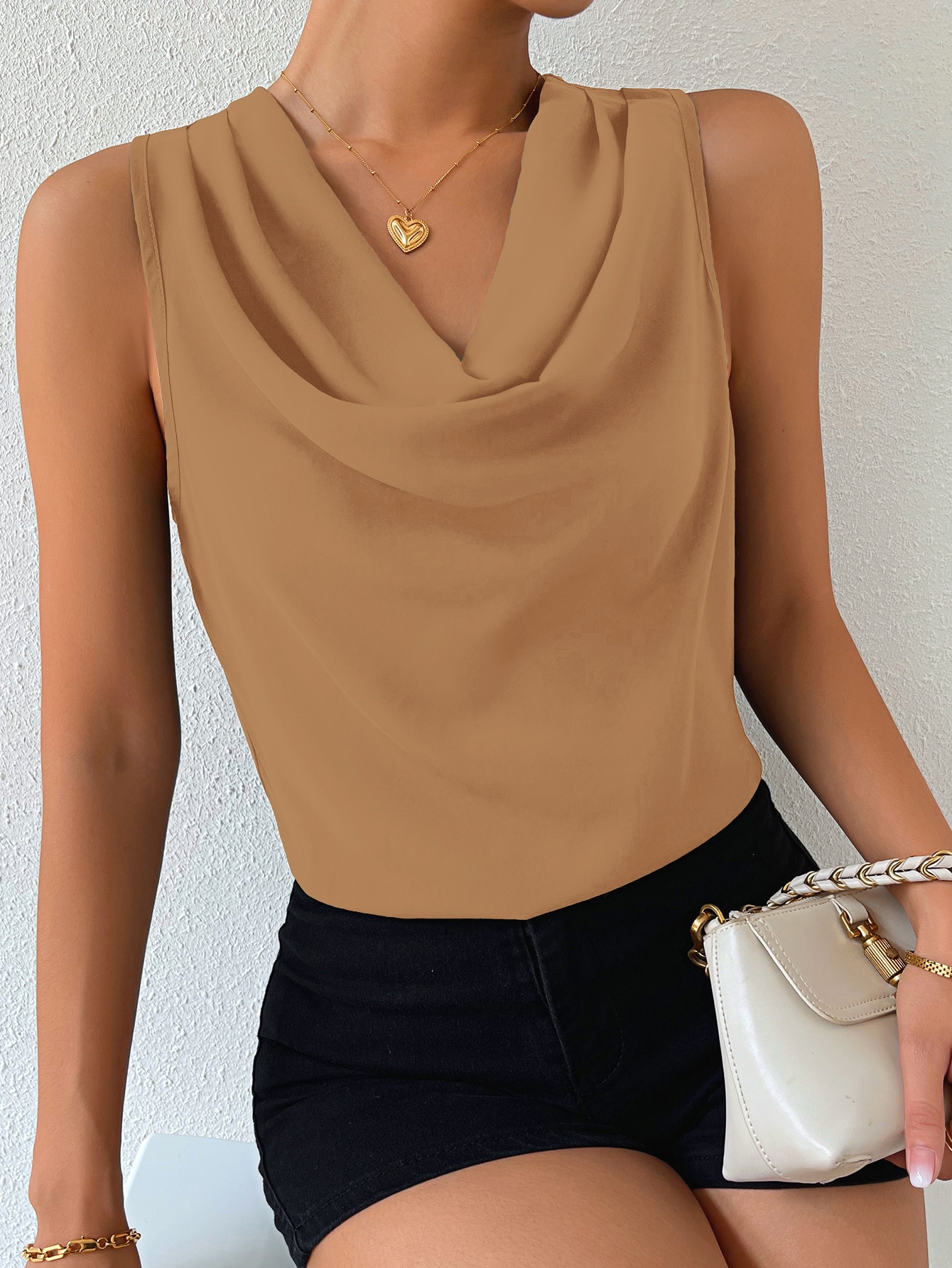 SHEIN Privé Solid Draped Collar Sleeveless Blouse | SHEIN USA