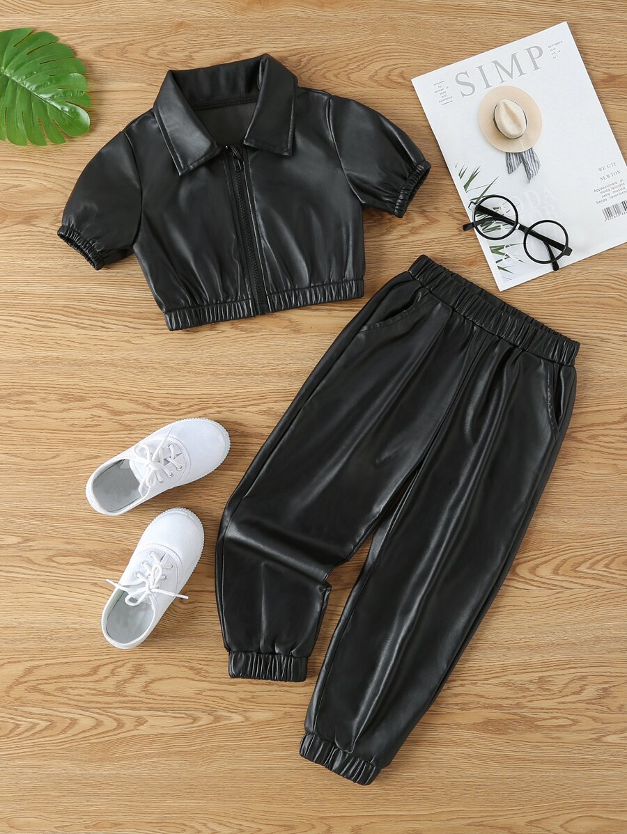 SHEIN Young Girl Zipper Front PU Leather Jacket & Pants | SHEIN USA